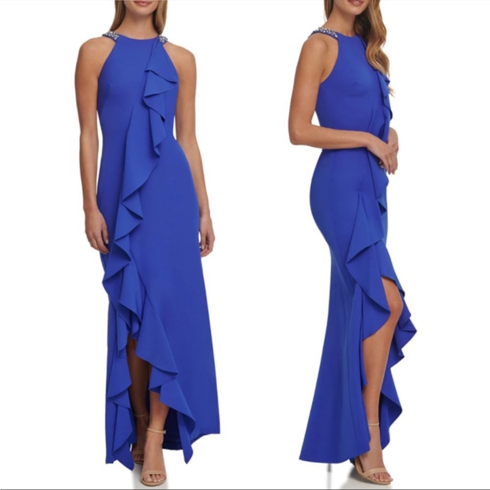 New Eliza J Ruffle Front Crystal Embellished Gown In … - Gem